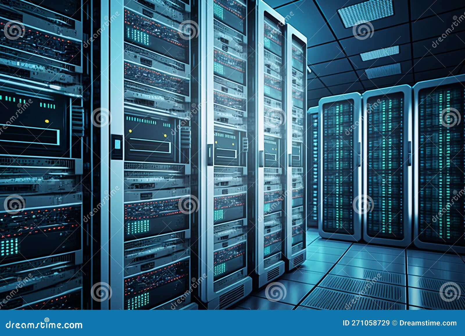 Shot of Data Center with Multiple Rows of Fully Operational Server ...