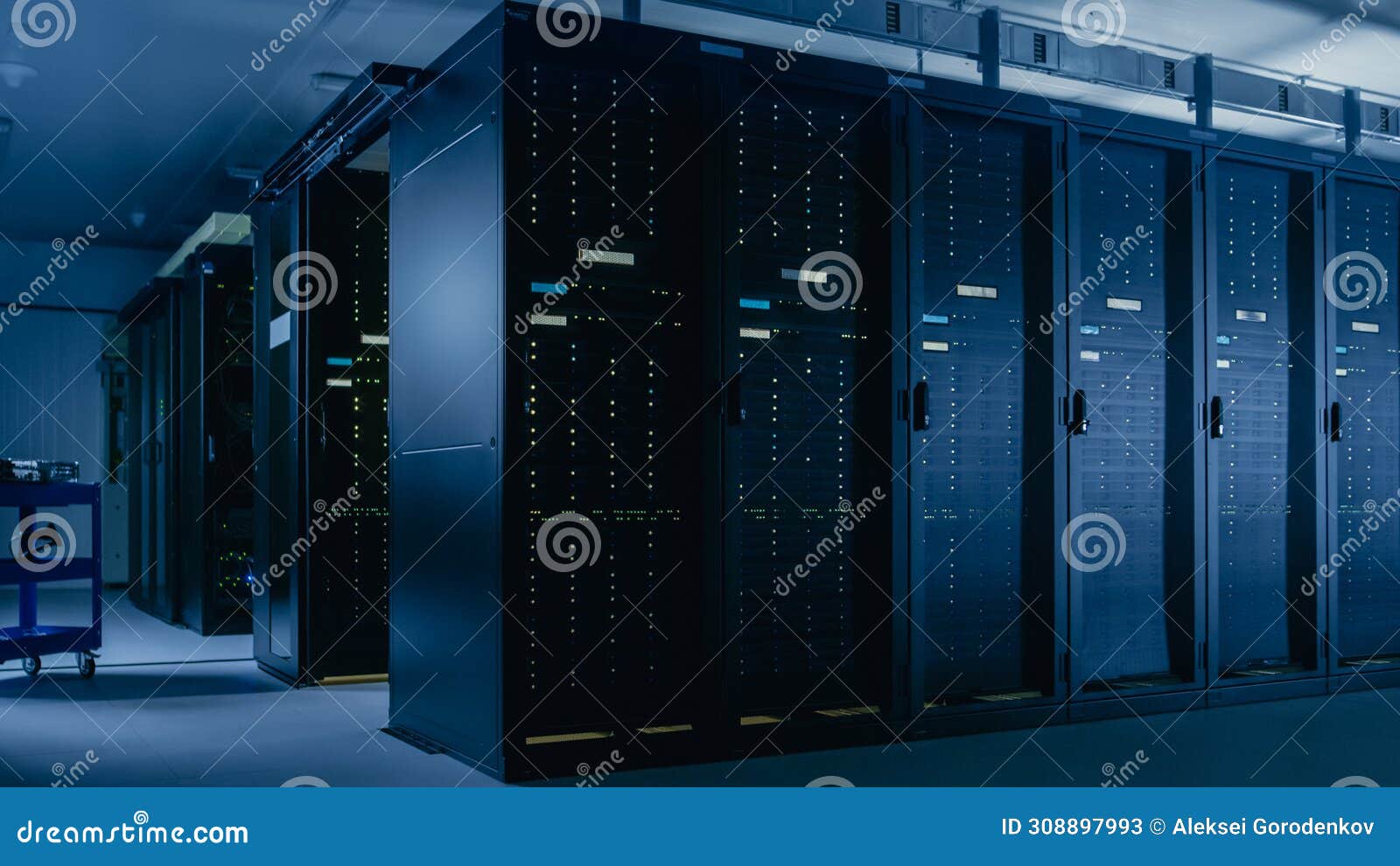 Shot of Data Center with Multiple Rows of Fully Operational Server ...