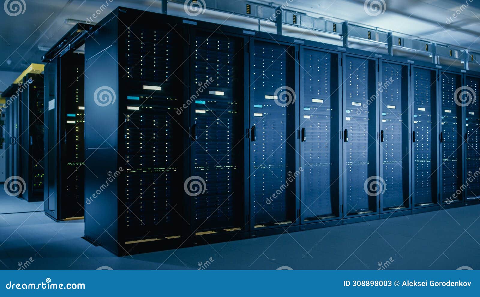 Shot of Data Center with Multiple Rows of Fully Operational Server ...