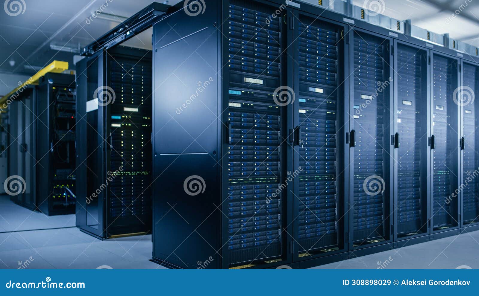 Shot of Data Center with Multiple Rows of Fully Operational Server ...