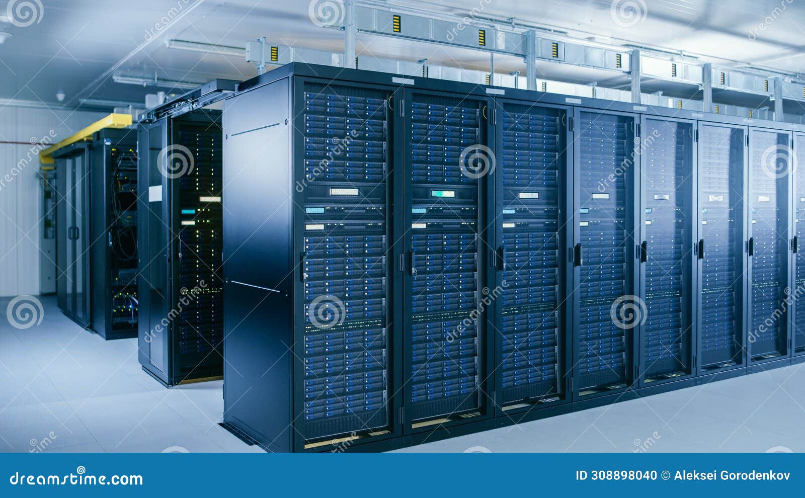 Shot of Data Center with Multiple Rows of Fully Operational Server ...