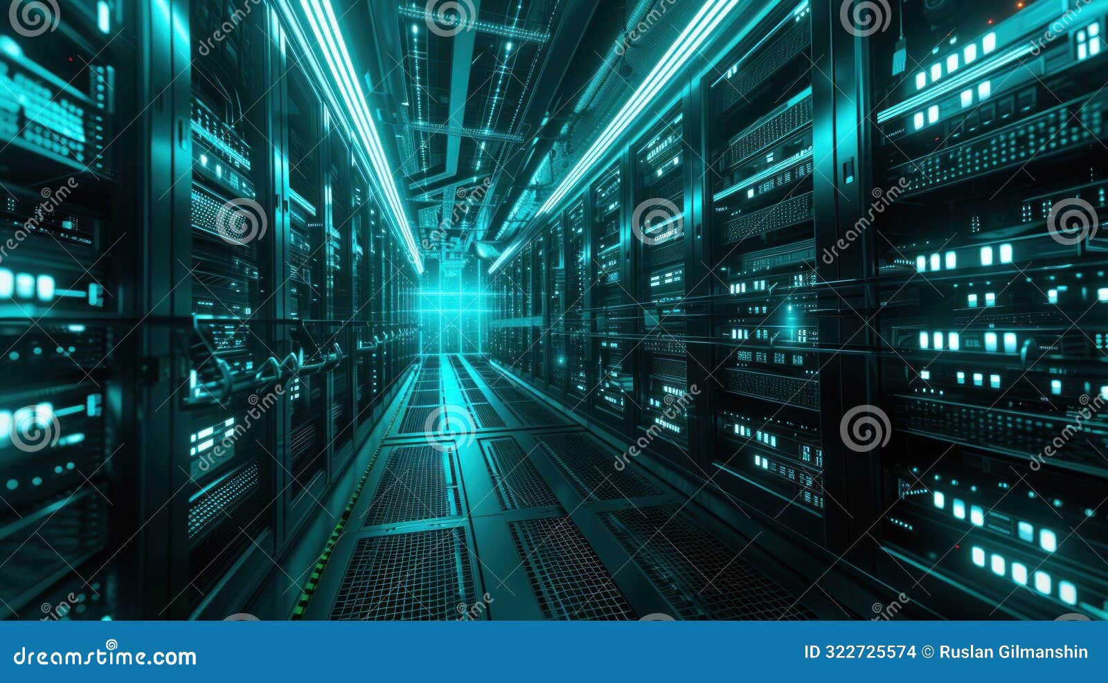 Shot of Data Center with Multiple Rows of Fully Operational Server ...