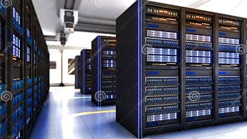 Shot of Data Center with Multiple Rows of Fully Operational Server ...