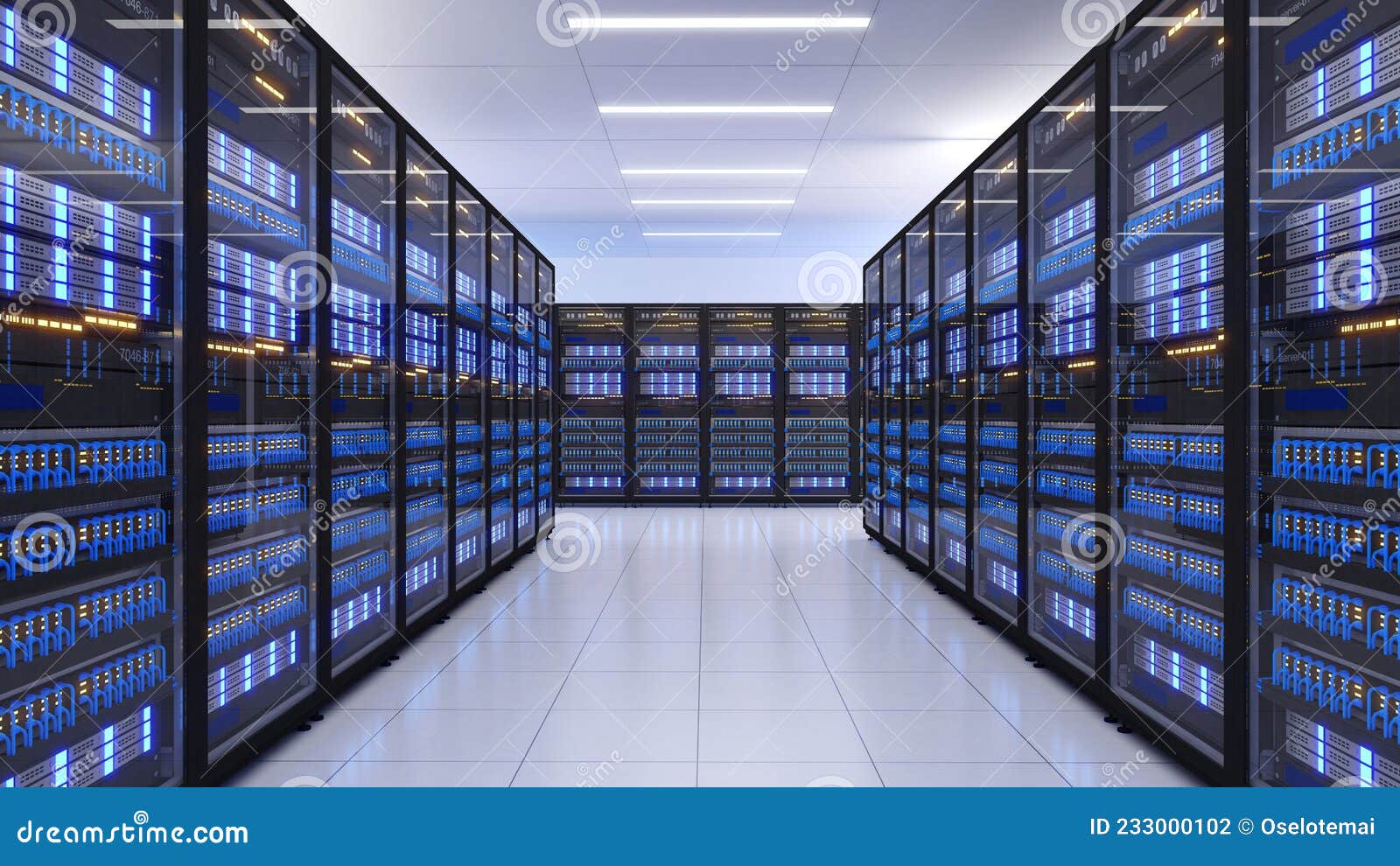 Shot of Data Center with Multiple Rows of Fully Operational Server ...