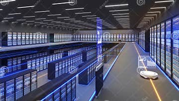 Shot of Data Center with Multiple Rows of Fully Operational Server ...