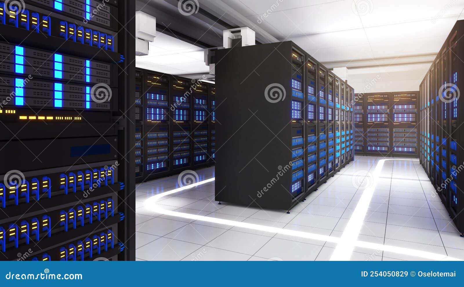 Shot of Data Center with Multiple Rows of Fully Operational Server ...