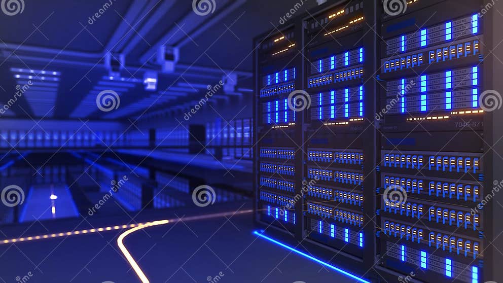Shot of Data Center with Multiple Rows of Fully Operational Server ...