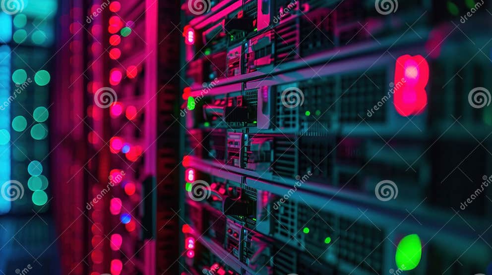 Shot of Data Center with Multiple Rows of Fully Operational Server ...