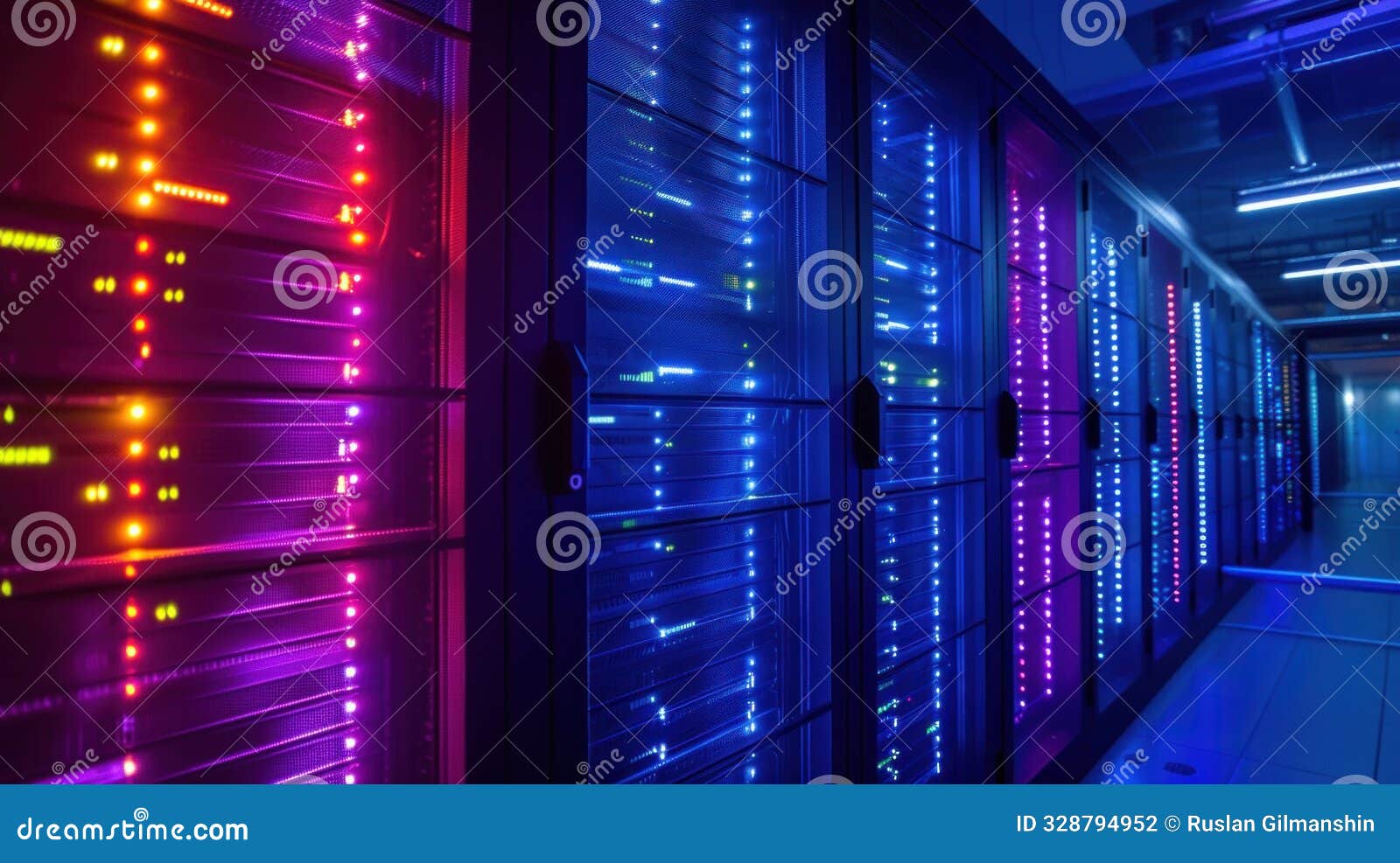 Shot of Data Center with Multiple Rows of Fully Operational Server ...