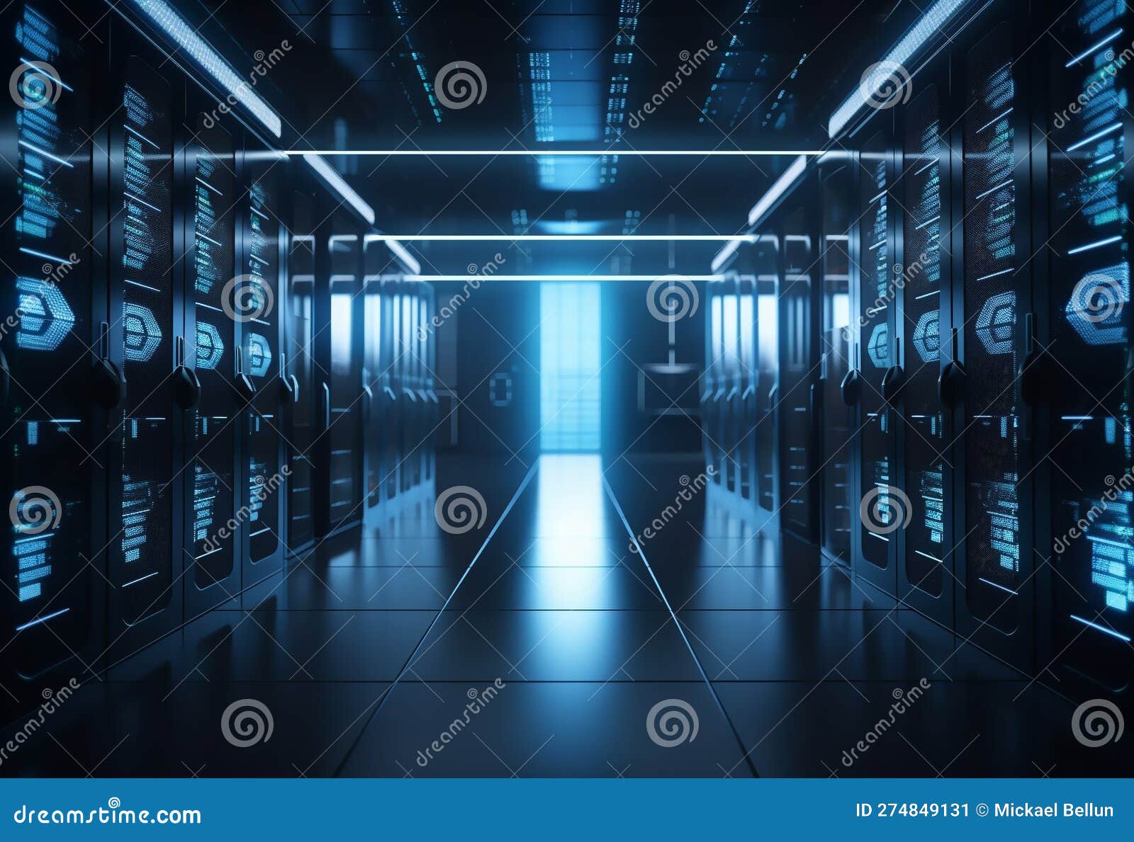 Shot of Data Center with Multiple Rows of Fully Operational Server ...