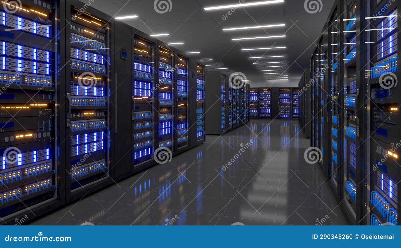 Shot of Data Center with Multiple Rows of Fully Operational Server ...