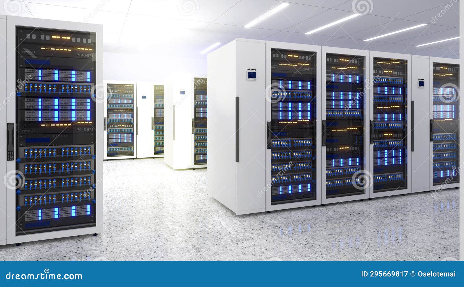 Shot of Data Center with Multiple Rows of Fully Operational Server ...