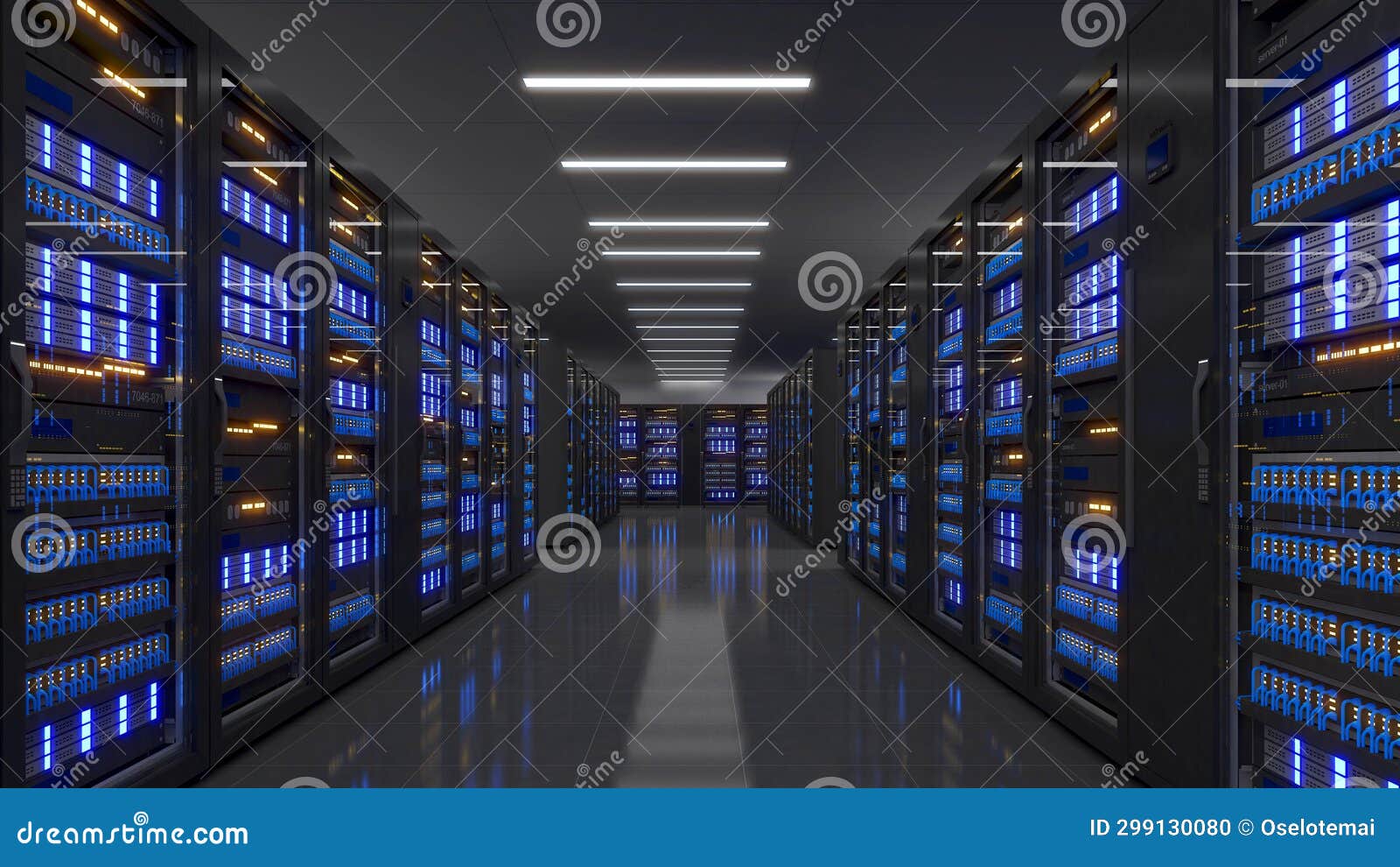 Shot of Data Center with Multiple Rows of Fully Operational Server ...