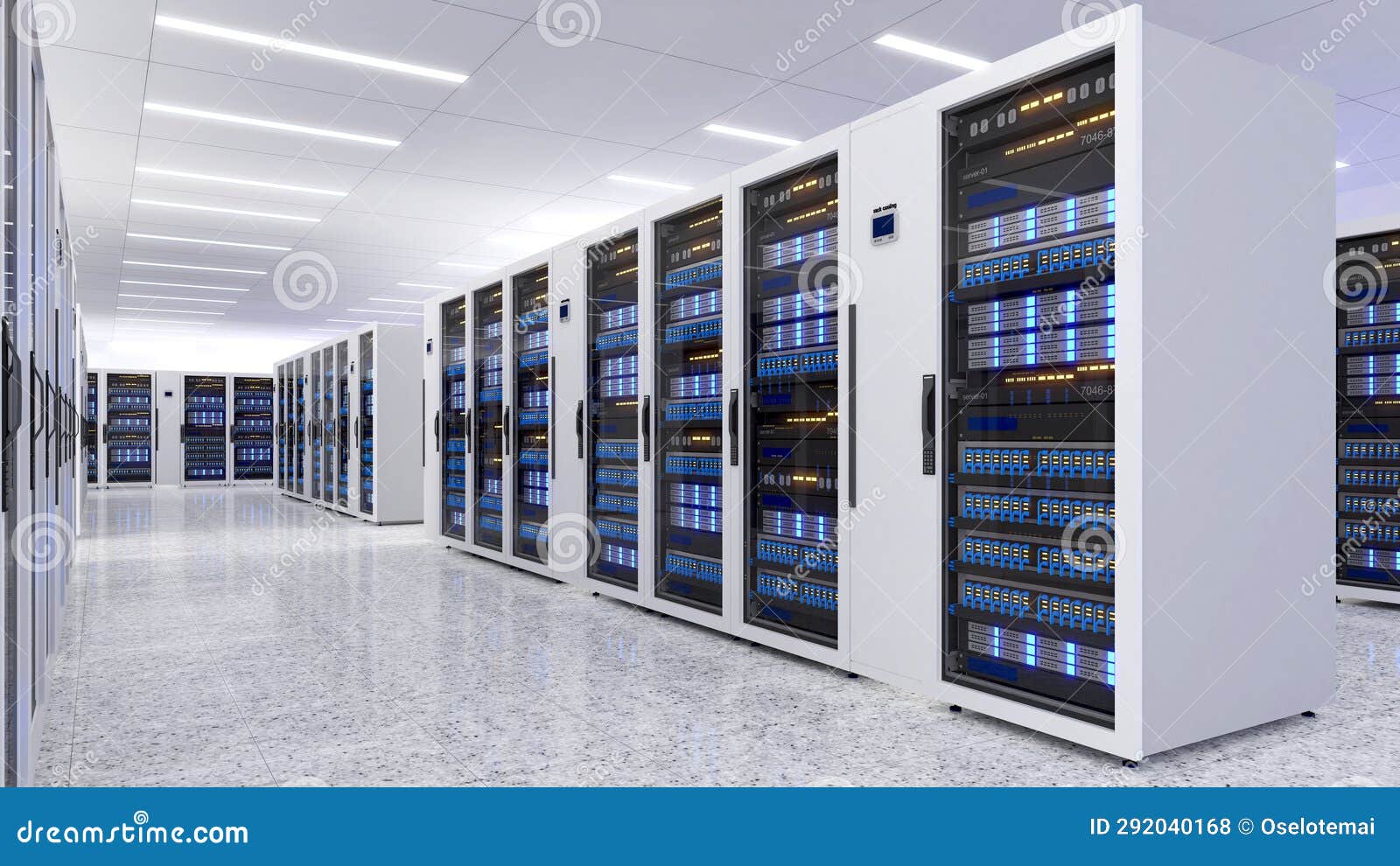 Shot of Data Center with Multiple Rows of Fully Operational Server ...