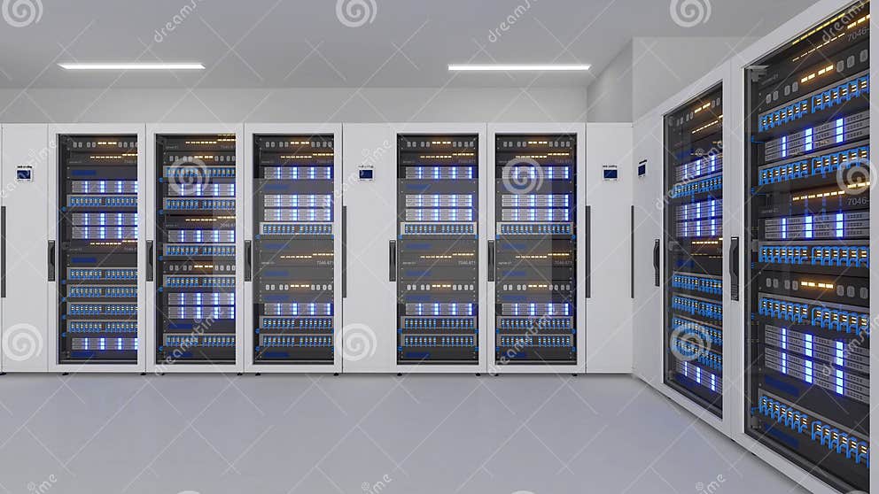Shot of Data Center with Multiple Rows of Fully Operational Server ...