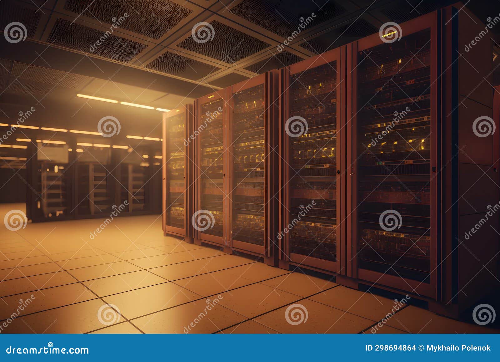 Shot of Data Center with Multiple Rows of Fully Operational Server ...