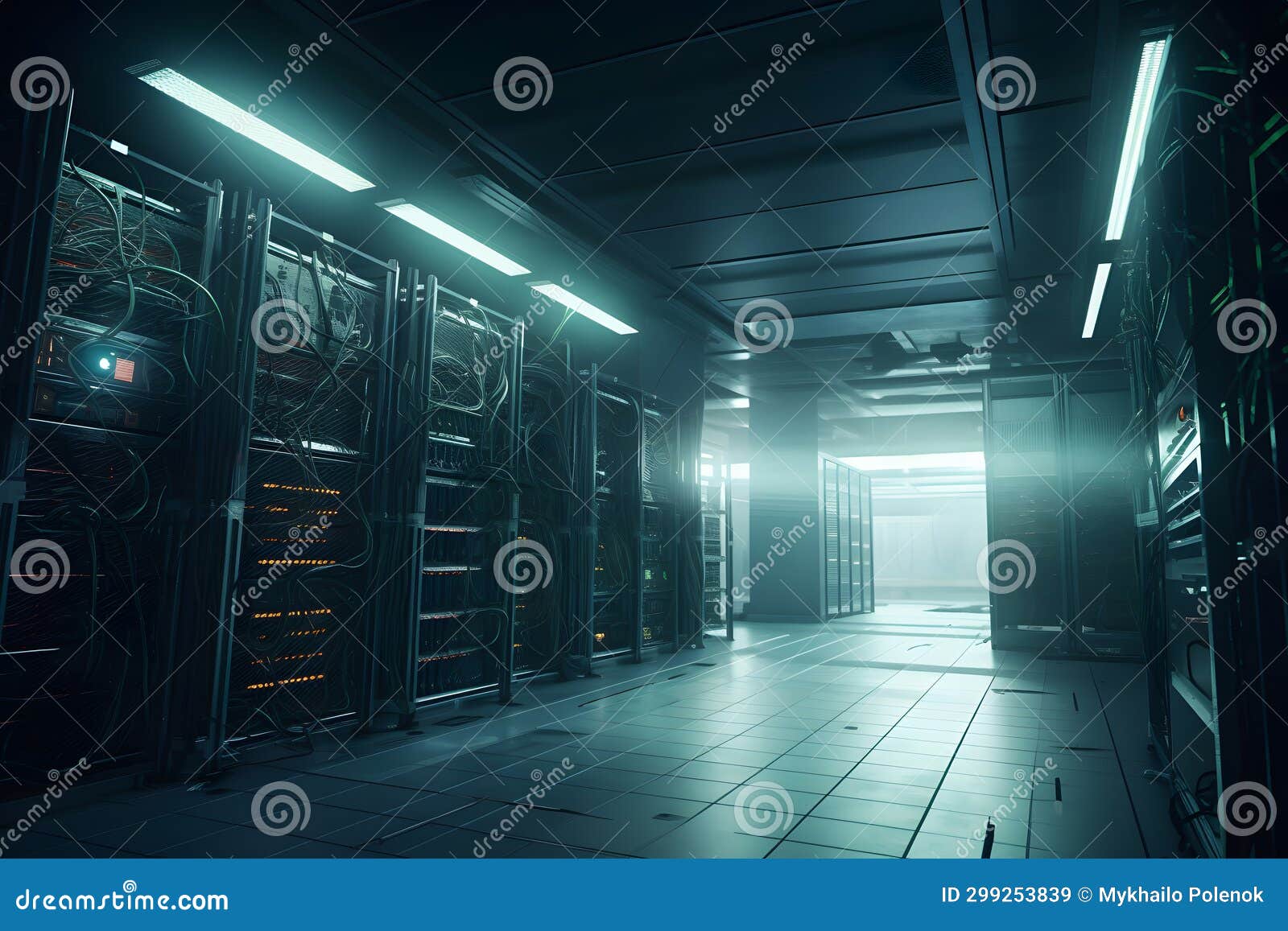 Shot of Data Center with Multiple Rows of Fully Operational Server ...