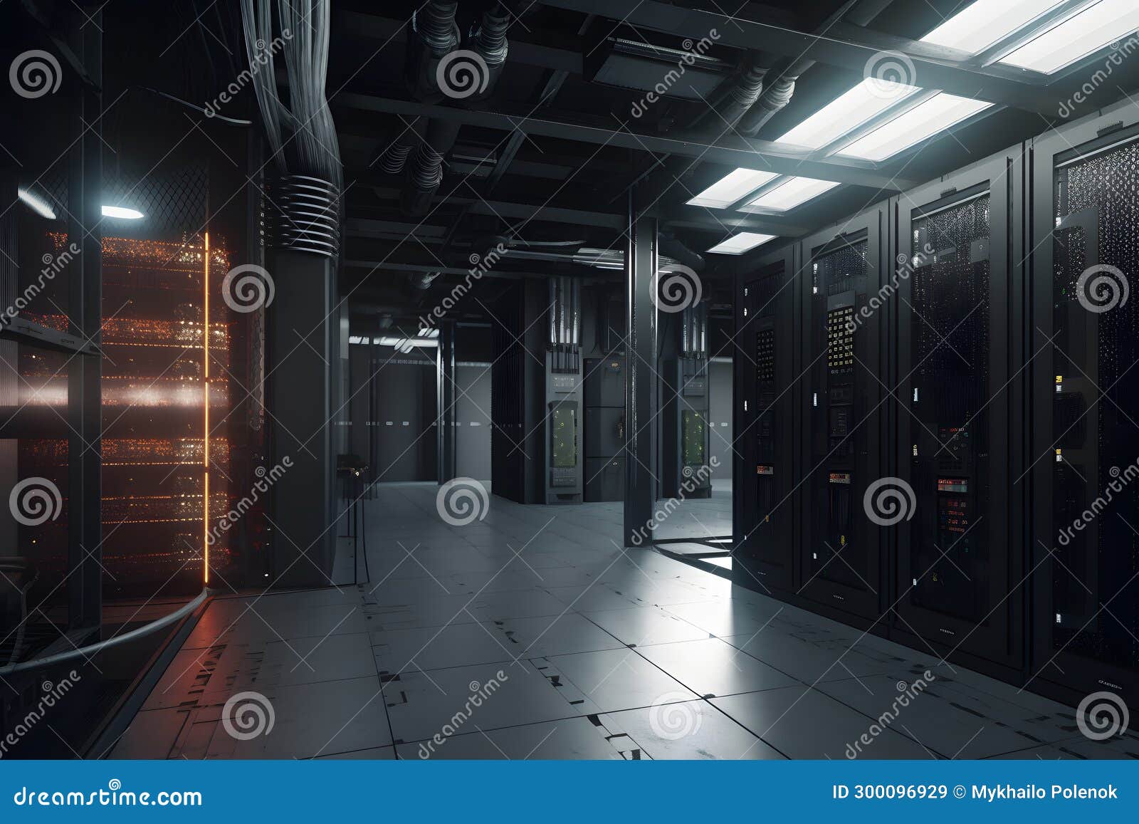 Shot of Data Center with Multiple Rows of Fully Operational Server ...