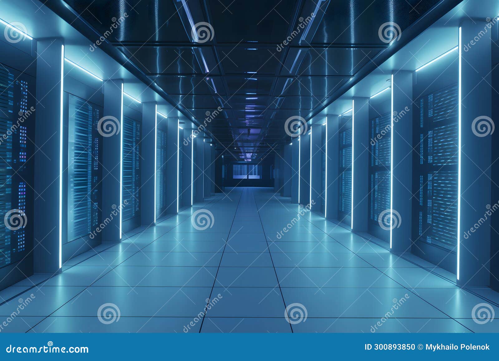 Shot of Data Center with Multiple Rows of Fully Operational Server ...