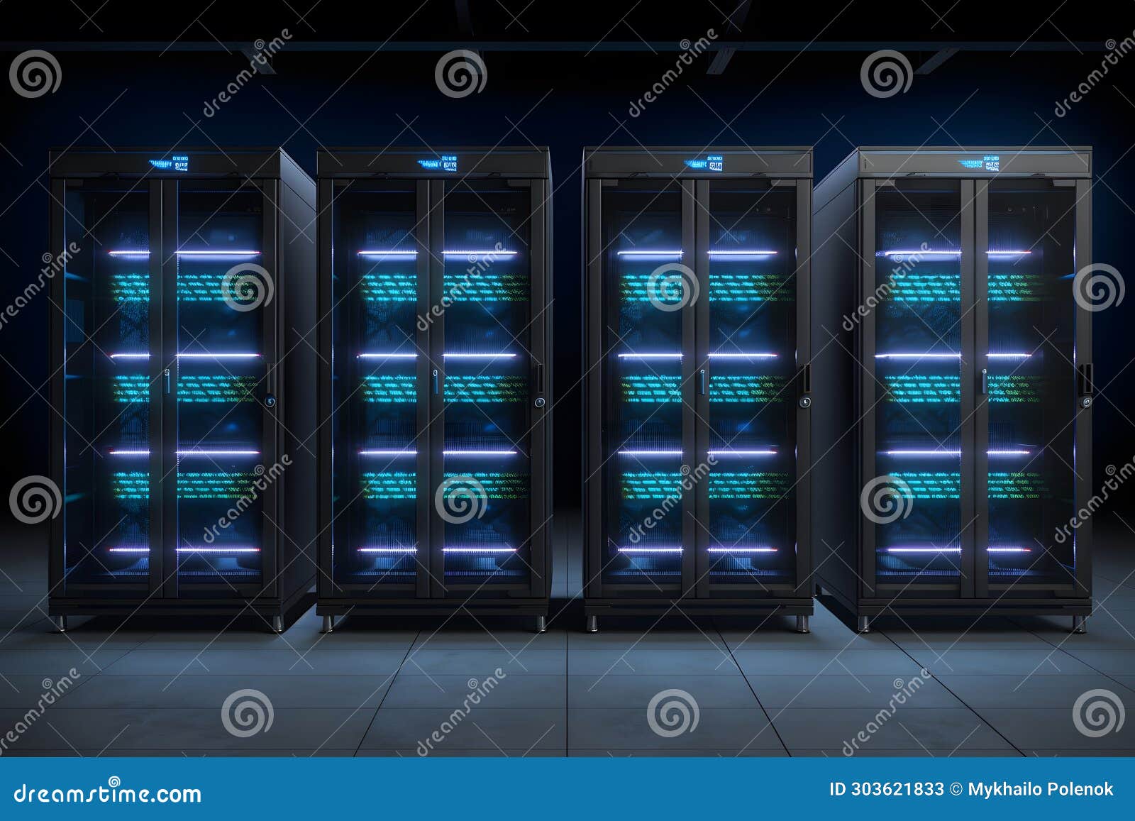 Shot of Data Center with Multiple Rows of Fully Operational Server ...