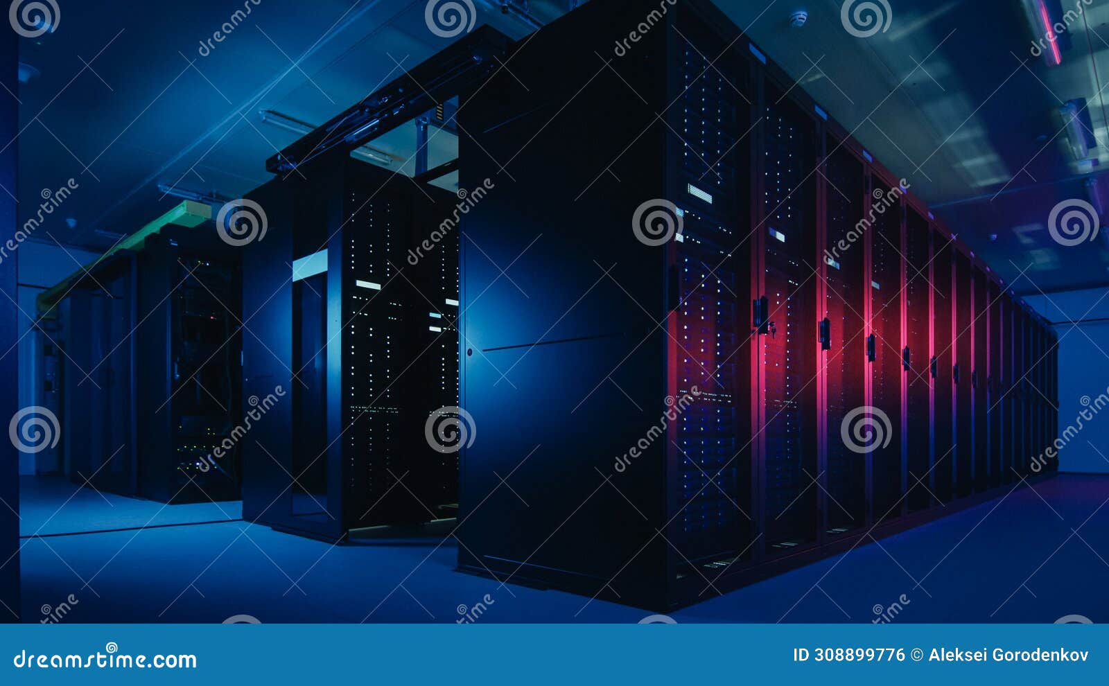 Shot of Data Center with Multiple Rows of Fully Operational Server ...