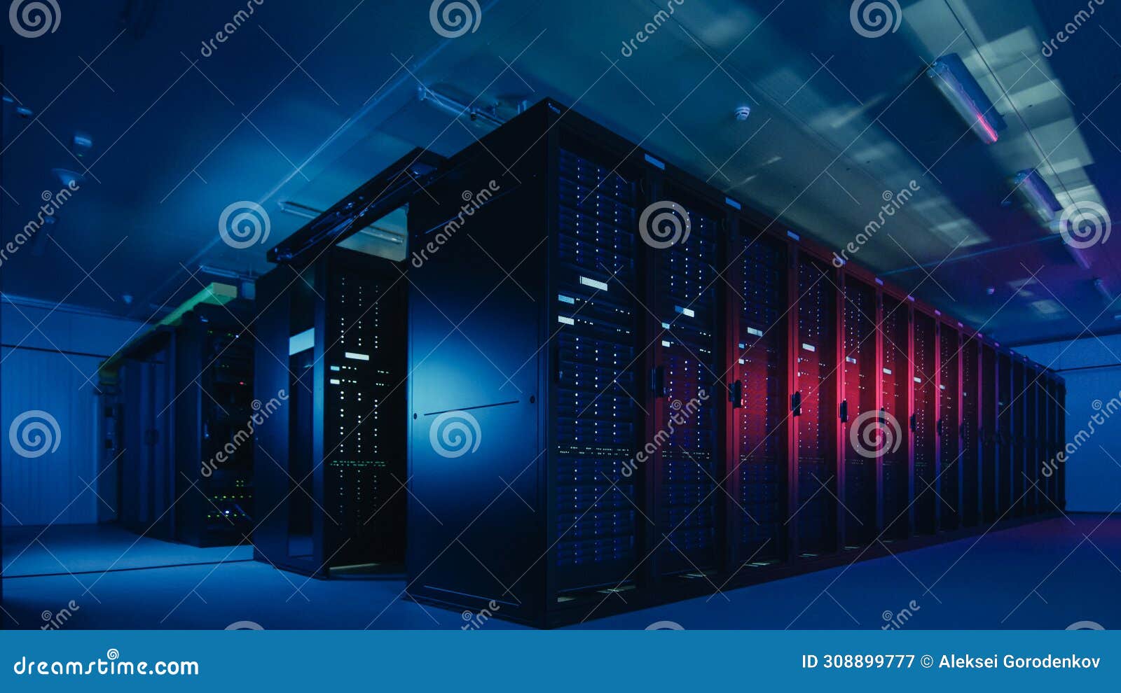 Shot of Data Center with Multiple Rows of Fully Operational Server ...