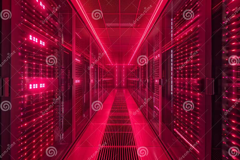 Shot of Data Center with Multiple Rows of Fully Operational Server ...