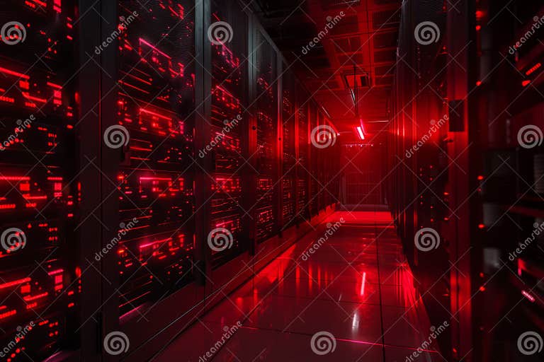 Shot of Data Center with Multiple Rows of Fully Operational Server ...