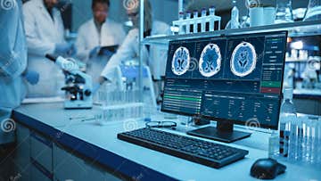 Shot of Desktop Computer with Running Software of MRI Brain Analysis. Sophisticated Programming ...