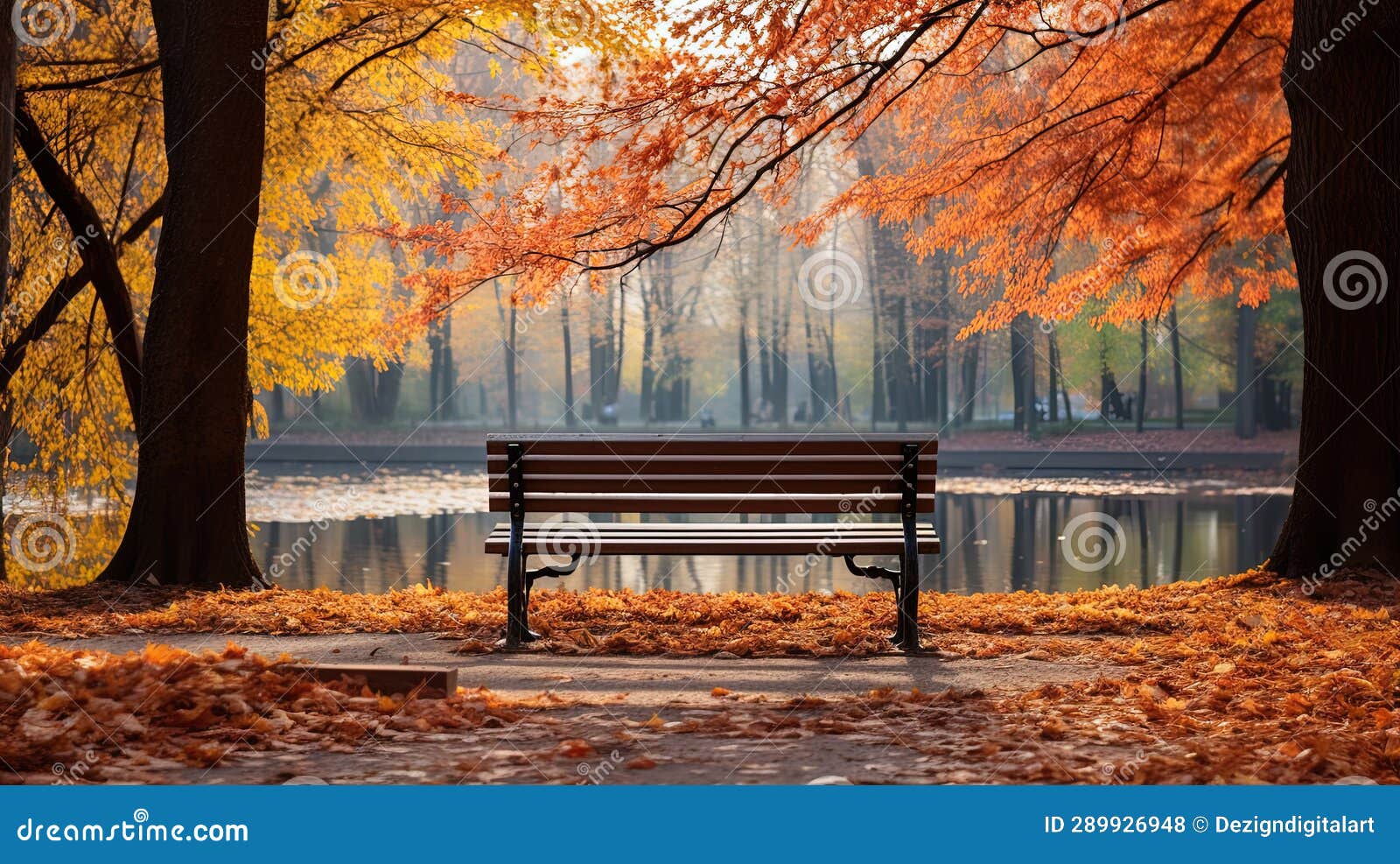 A Shot of an Empty Park Bench Surrounded by Fallen Leaves Stock ...