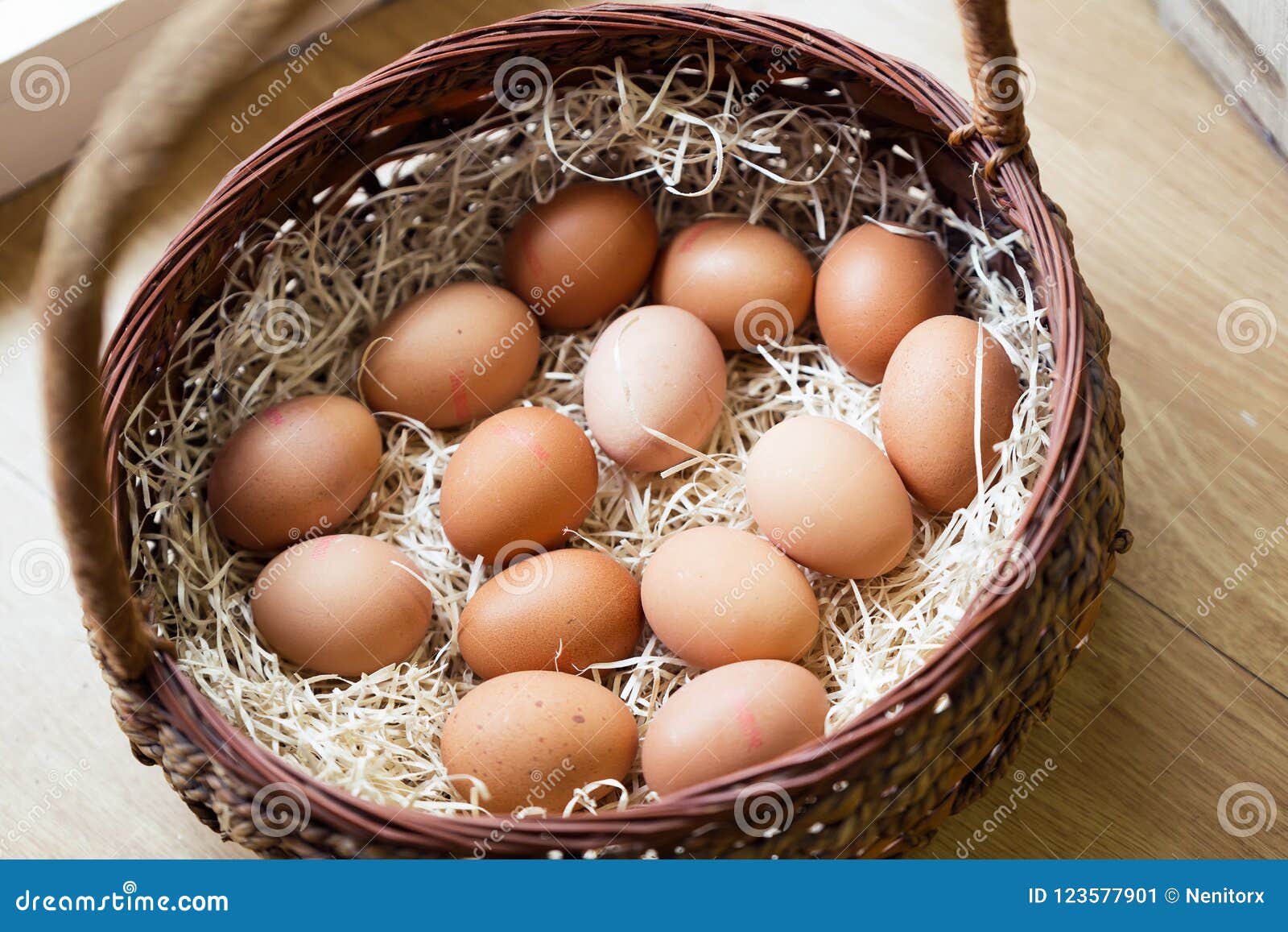 Fresh Rooster Eggs in the Basket in Organic Store. Stock Image - Image ...