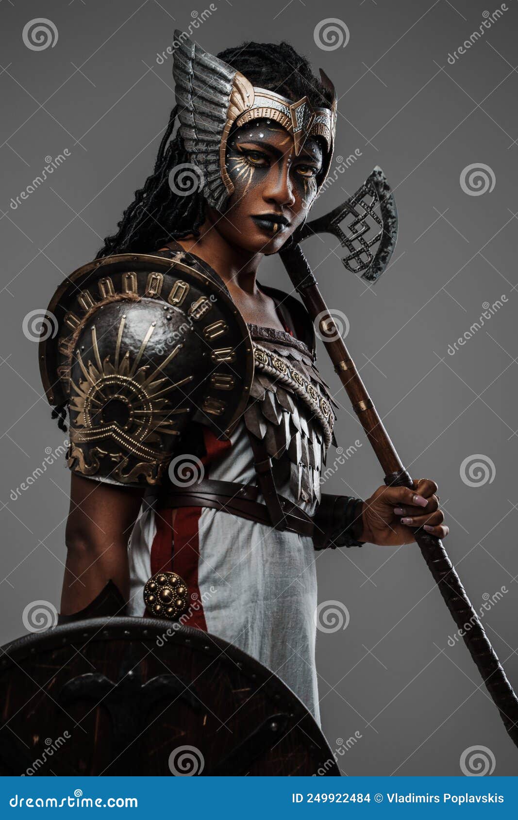 African Woman Amazon with Shield and Axe Dressed in Armor Stock Photo ...