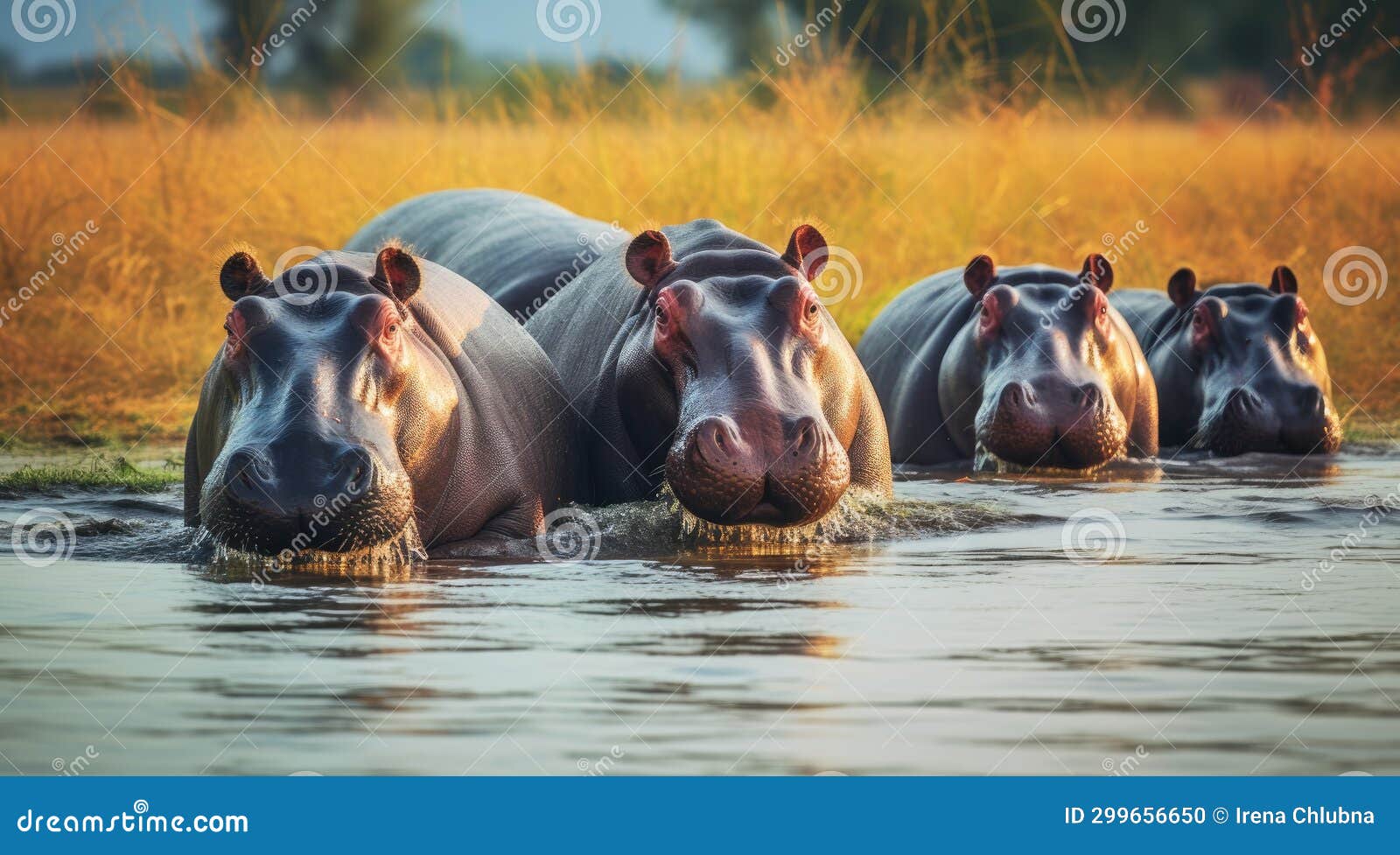 Shot of Group of Hippos in the Water Stock Illustration - Illustration ...