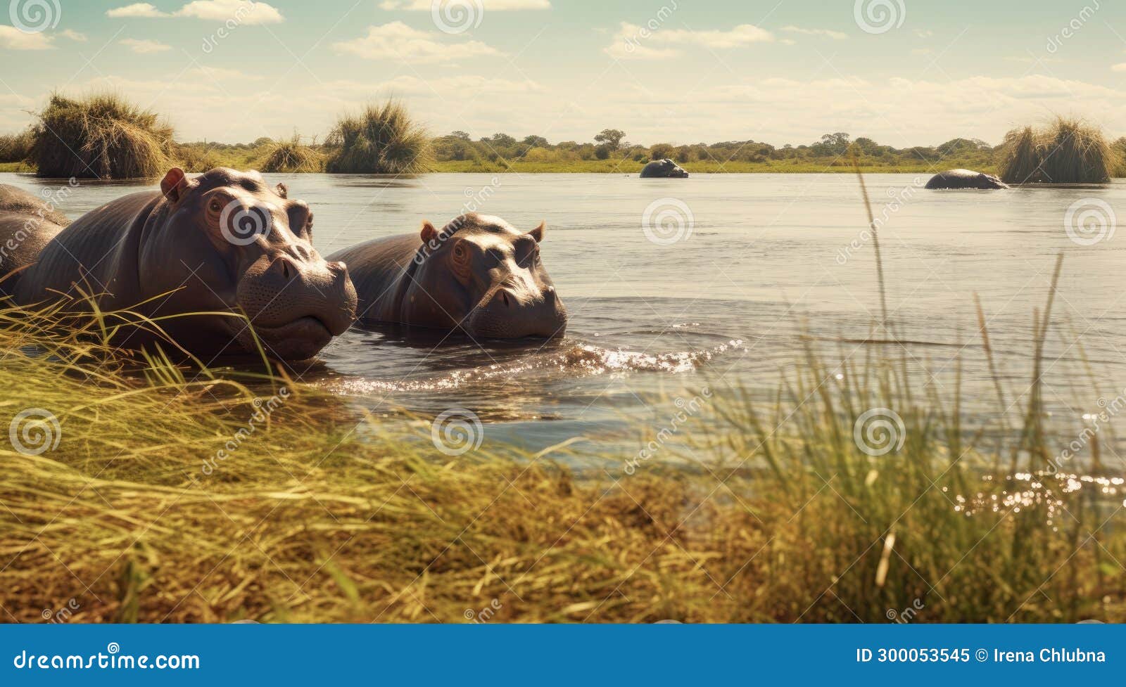 Shot of Group of Hippos in the Water Stock Illustration - Illustration ...