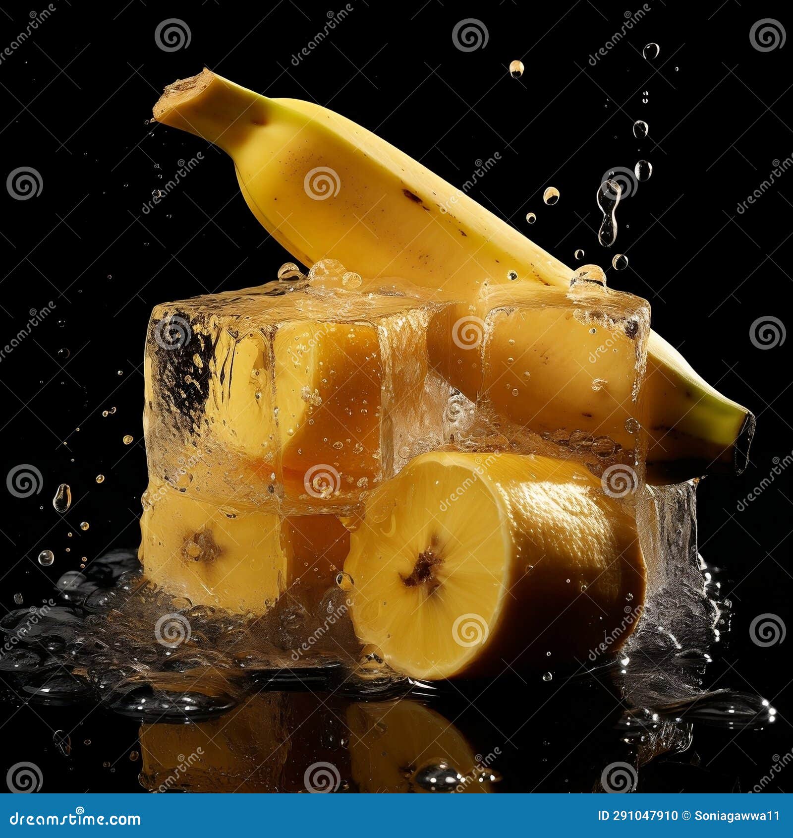 Shot of an Ice Cube and a Ripe Banana, Highlighting the Texture and ...