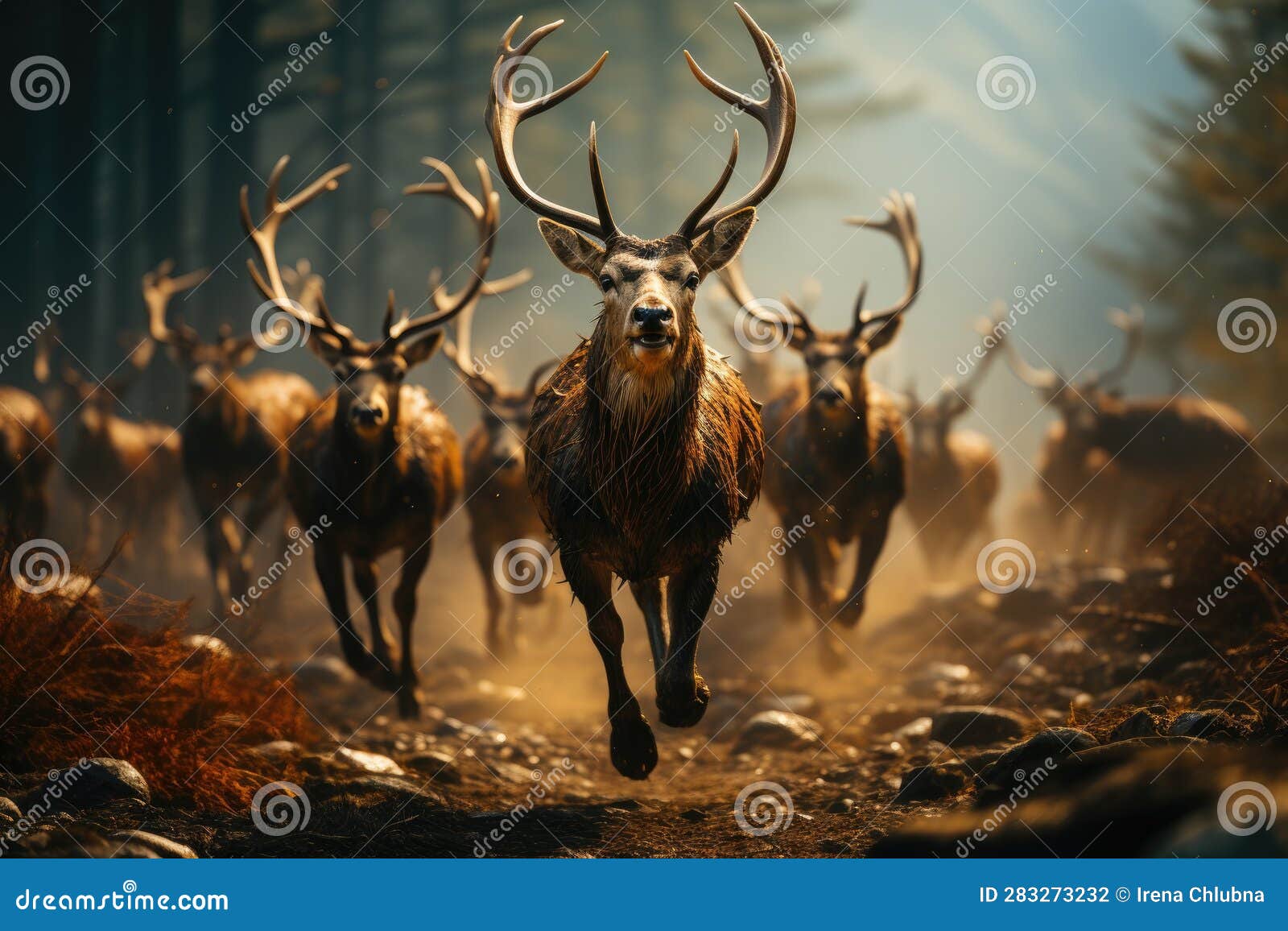 Shot of a Large Herd of Deer Running. Generative AI Stock Illustration ...