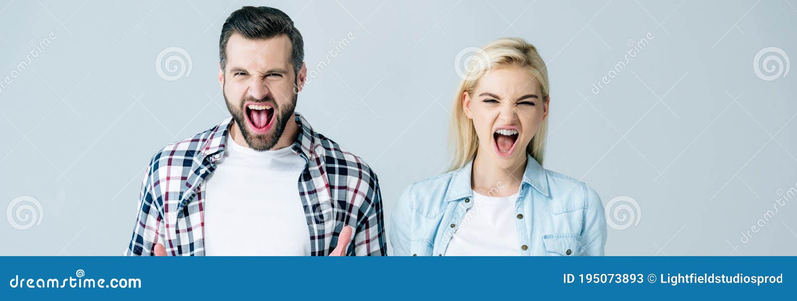 Shot of Man and Woman Shouting Isolated on Grey Stock Image - Image of ...