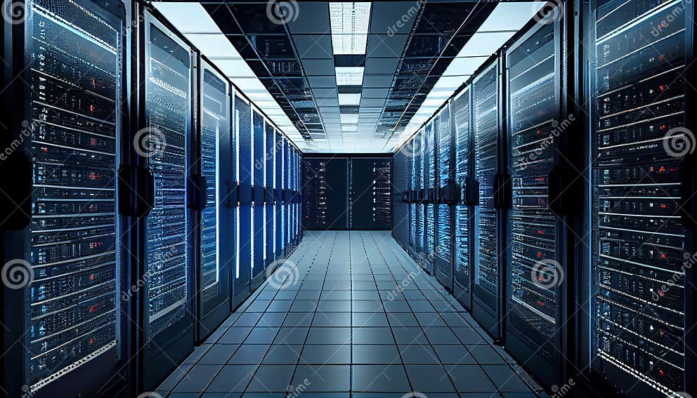 Shot of Modern Data Center with Multiple Rows of Fully Operational ...