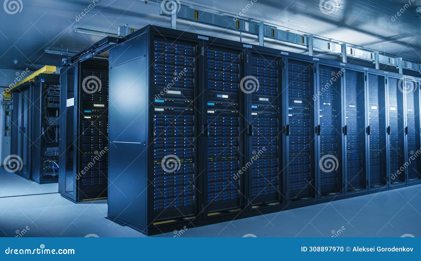 Shot of Modern Data Center with Multiple Rows of Operational Server ...