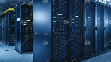 Shot of Modern Data Center with Multiple Rows of Operational Server ...