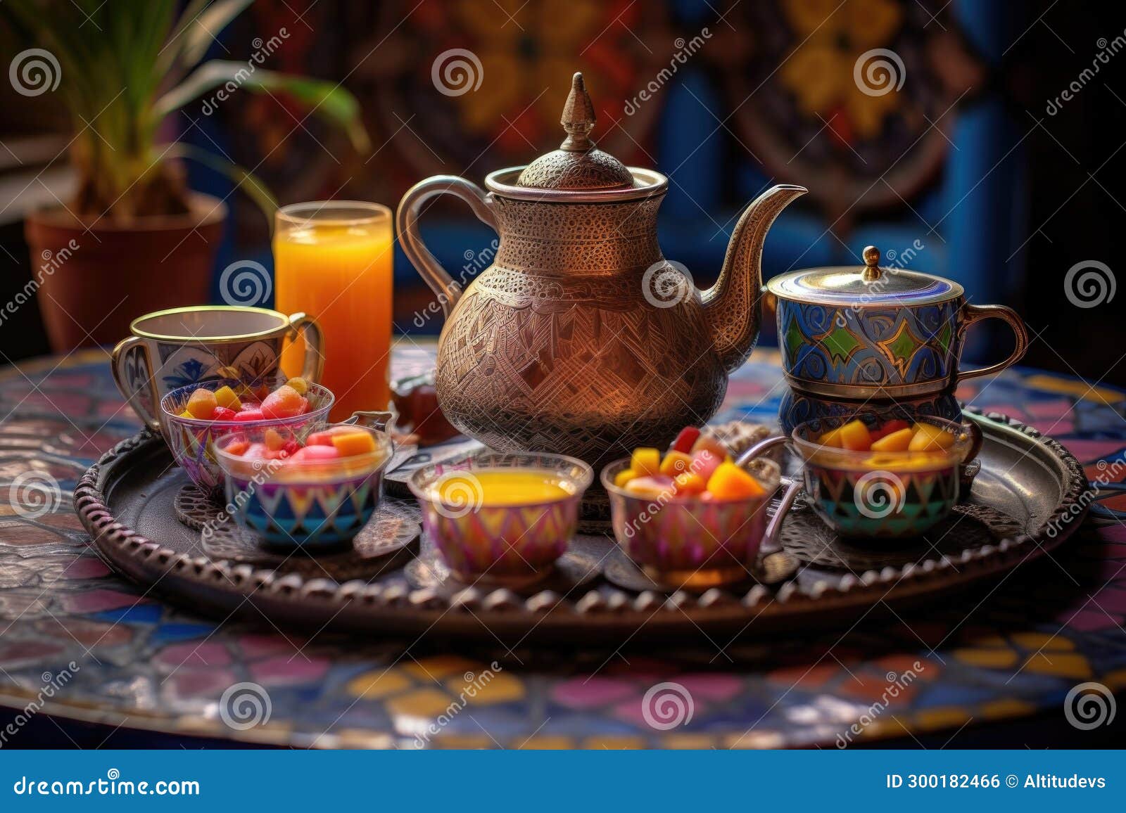 A Shot of a Moroccan Tea Set on a Colorful Tiled Table Stock ...