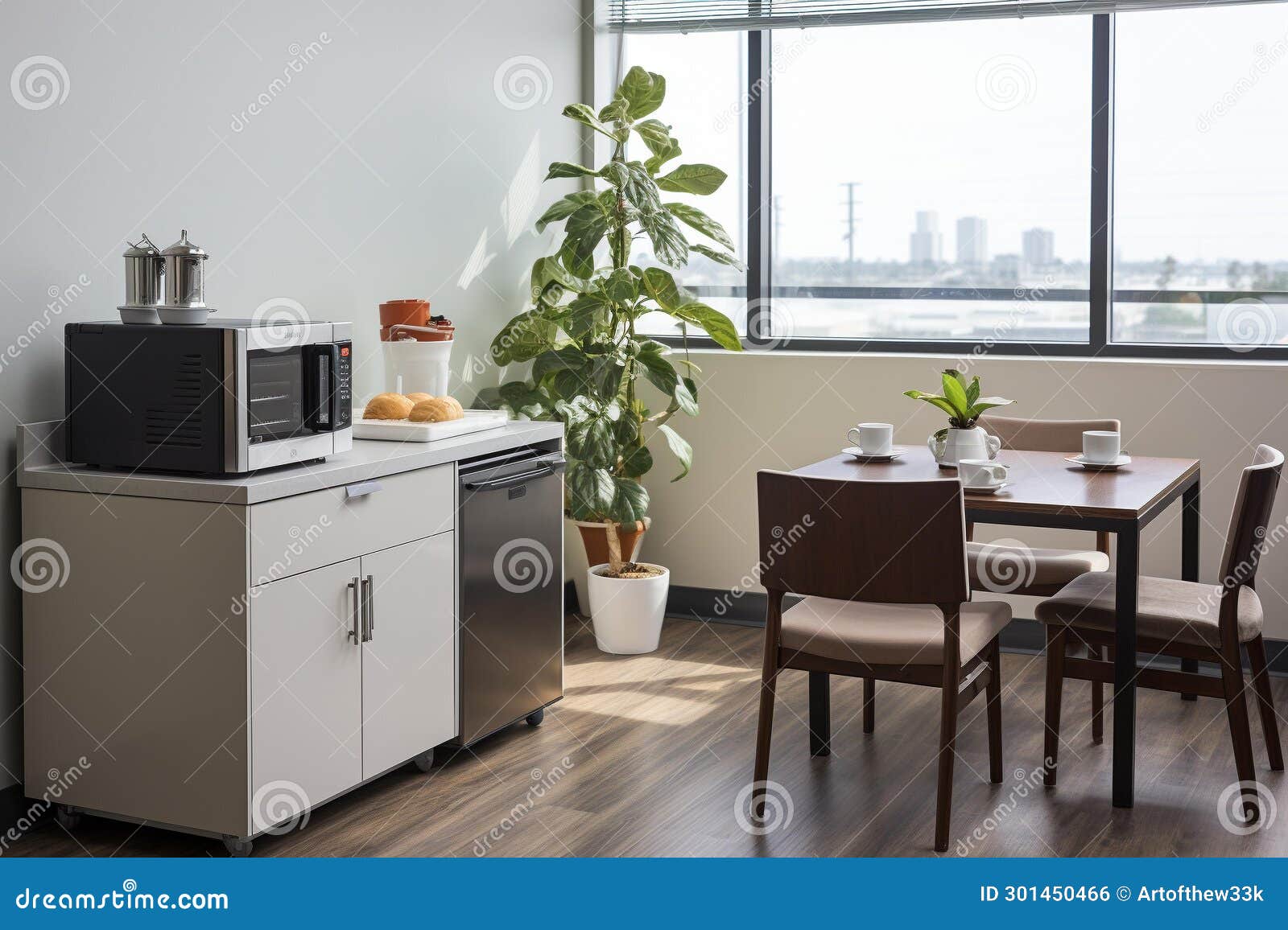 A Shot of an Office Kitchen with a Refrigerator, Microwave, and Coffee ...