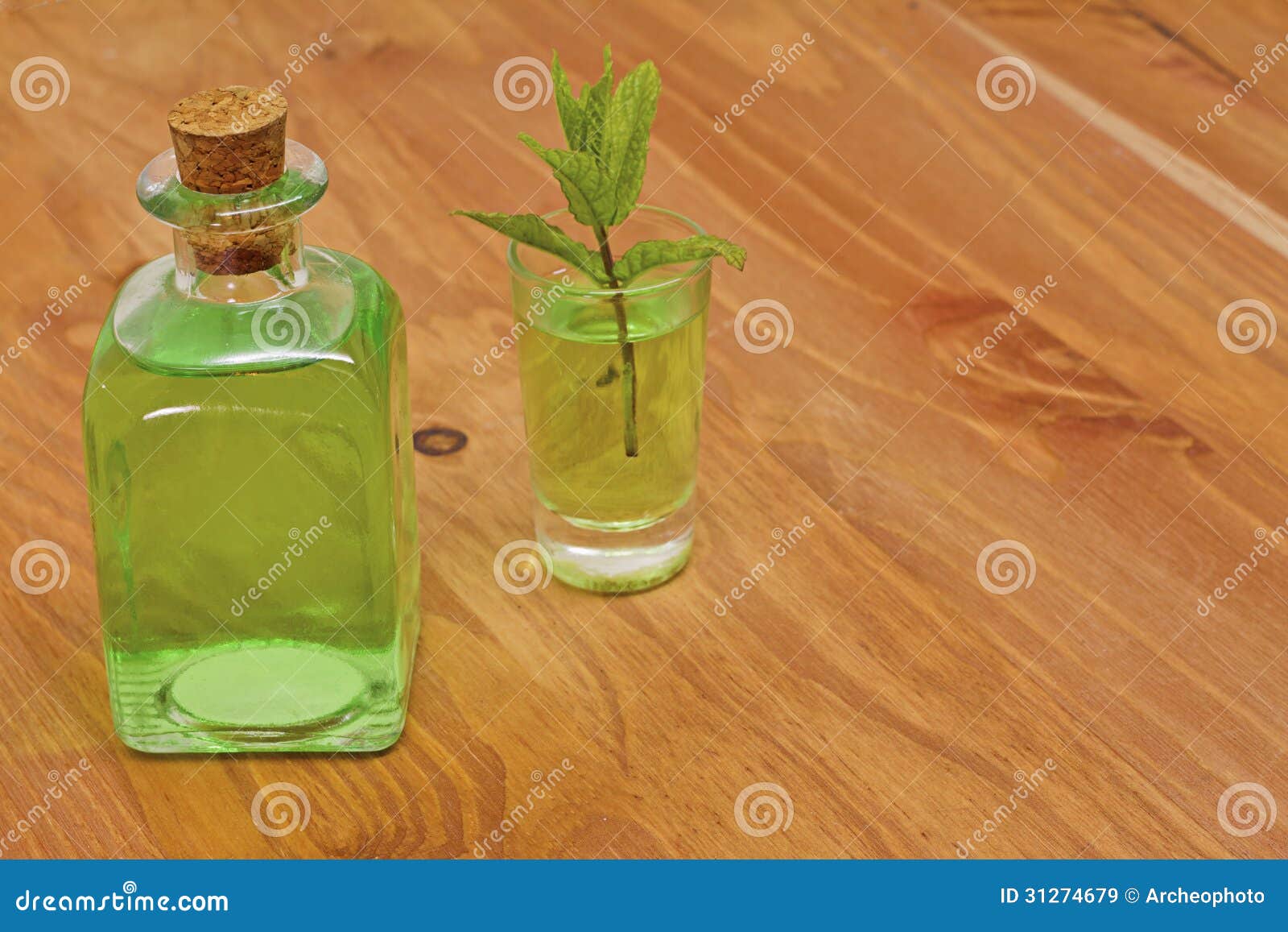 Shot and Peppermint Liqueur Bottle Stock Image - Image of wooden, drink ...