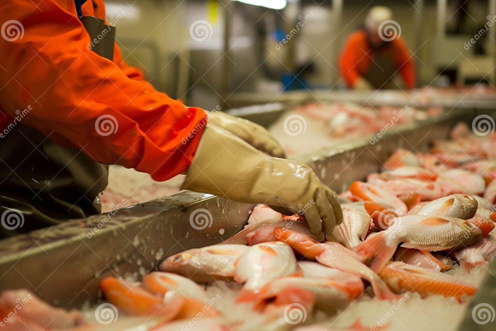 Shot of Person Sorting and Grading Fish in Processing Facility Stock ...