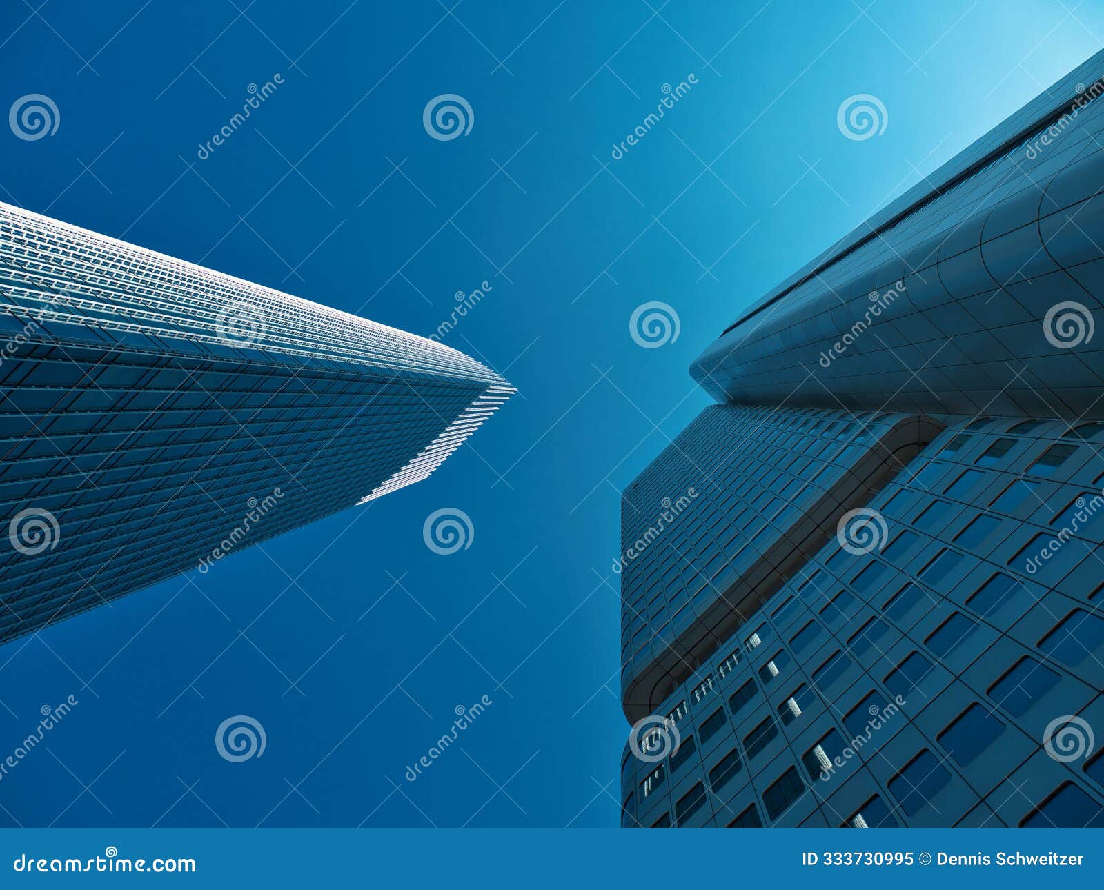 Shot between the Skyscraper Towers Racing through the Sky with Blue Sky ...