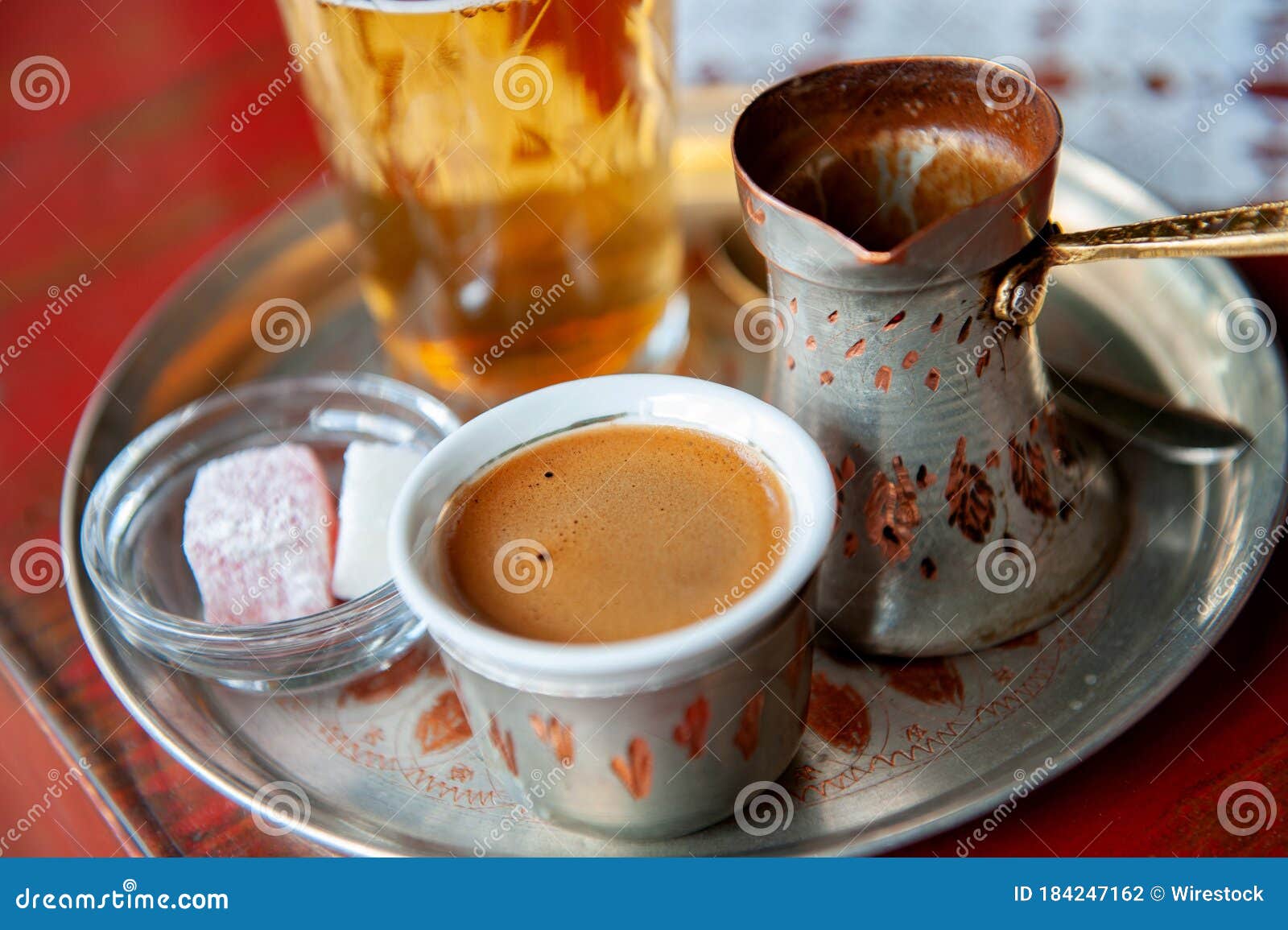 Shot of a Turkish Coffee, Lokhum and a Jazzve on a Silver Sin Stock ...