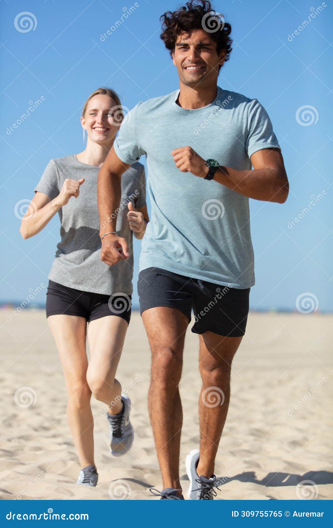 Shot Two People Running on Beach in Morning Stock Image - Image of ...