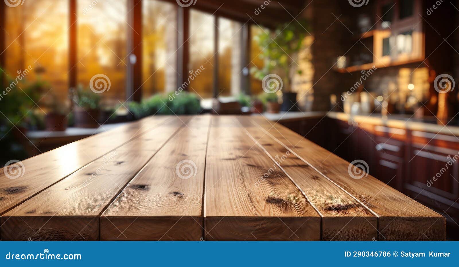 Shot of Wooden Table on Blurred Kitchen Bench Background Generative AI ...