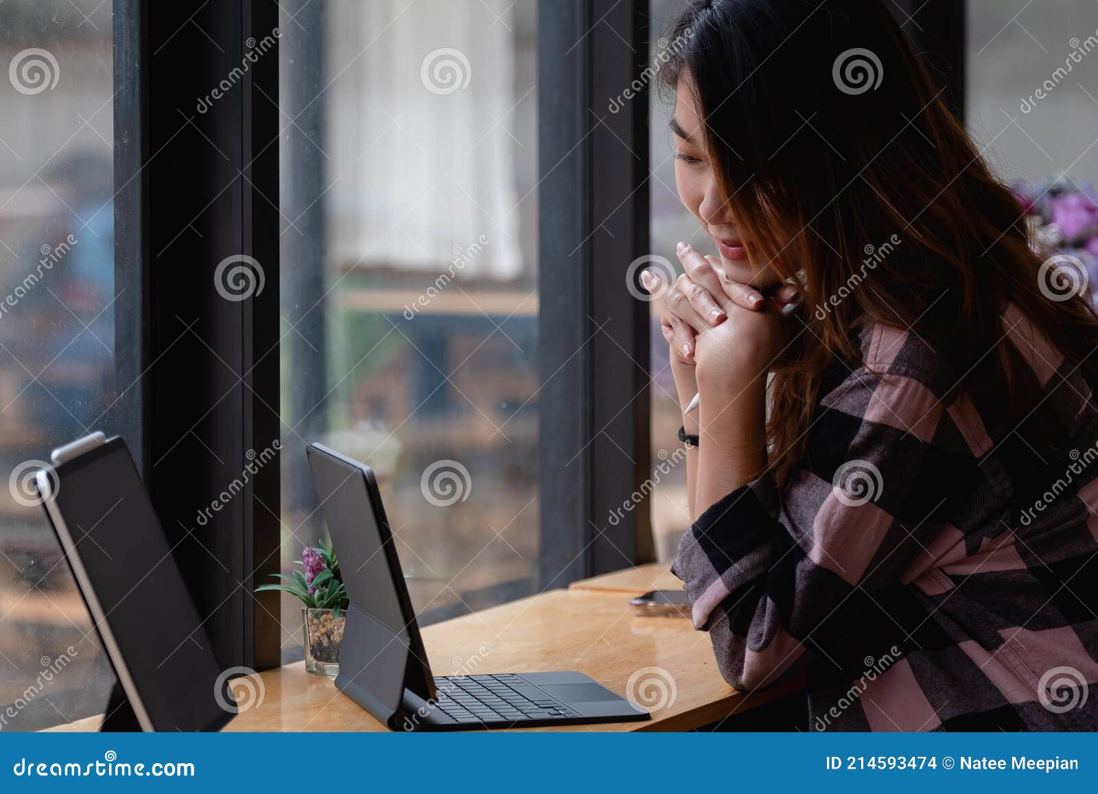 Shot of Young Asian Creative Designer Working at Cafe with Digital ...