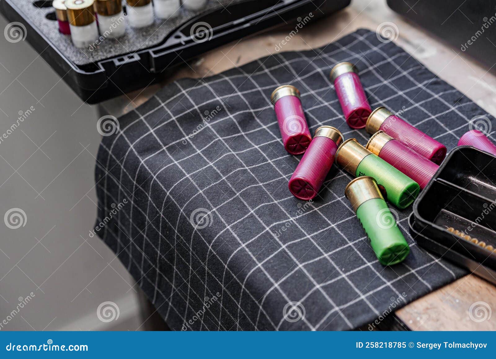 Shotgun Shells on Wooden Table in a Workshop Stock Image - Image of ...